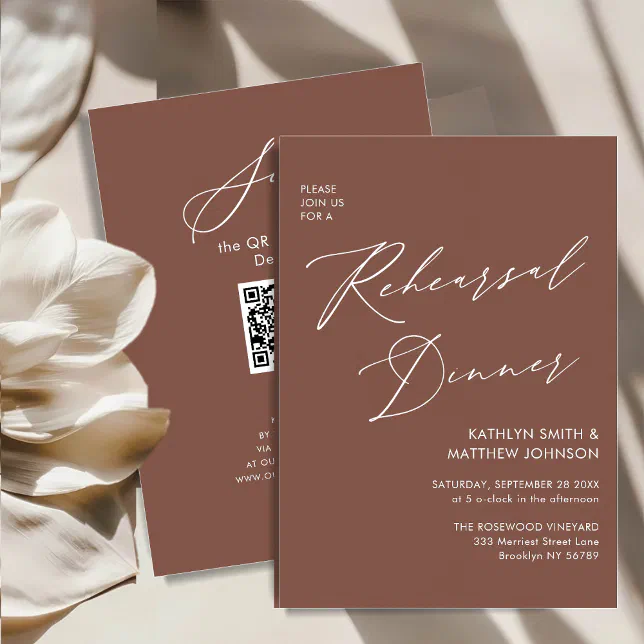 Elegant Script Terracotta Rehearsal Dinner QR Code Invitation | Zazzle