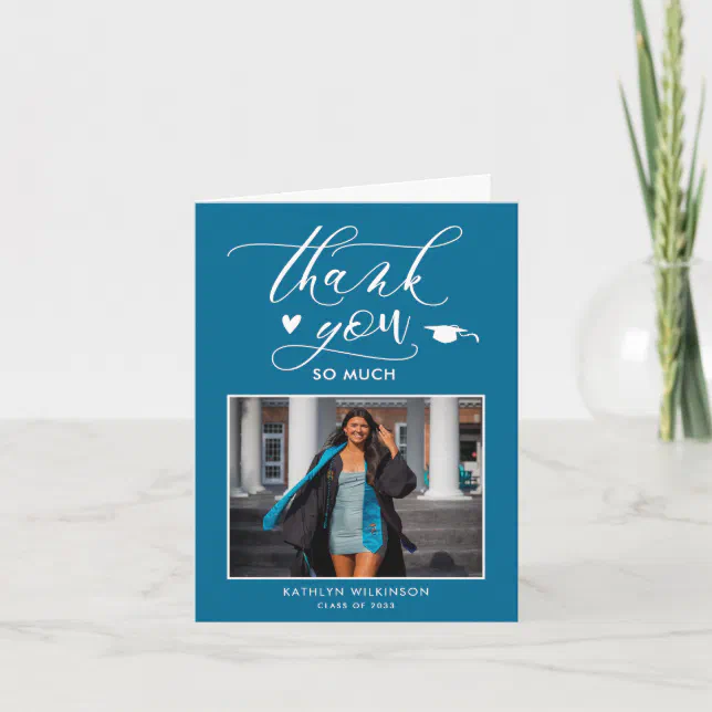 Elegant Script Turquoise Photo Simple Graduation Thank You Card | Zazzle