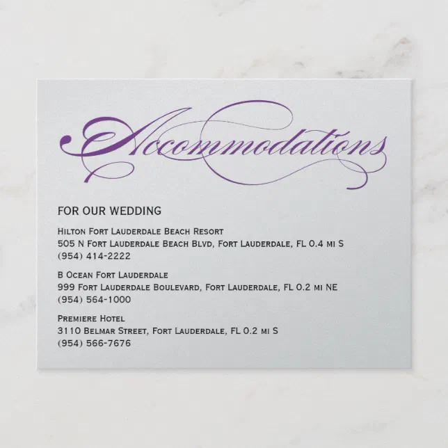 Elegant Script Wedding Accommodations - Purple Enclosure Card | Zazzle
