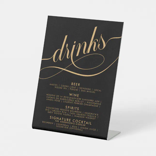 Elegant Script Wedding Drinks Bar Menu | Gold Pedestal Sign | Zazzle