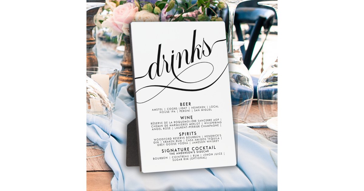 Elegant Script Wedding Drinks Bar Menu Plaque | Zazzle