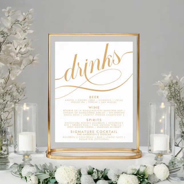 Elegant Script Wedding Drinks Gold Bar Menu Poster | Zazzle