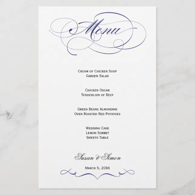 Elegant Script Wedding Menu - Navy Blue | Zazzle