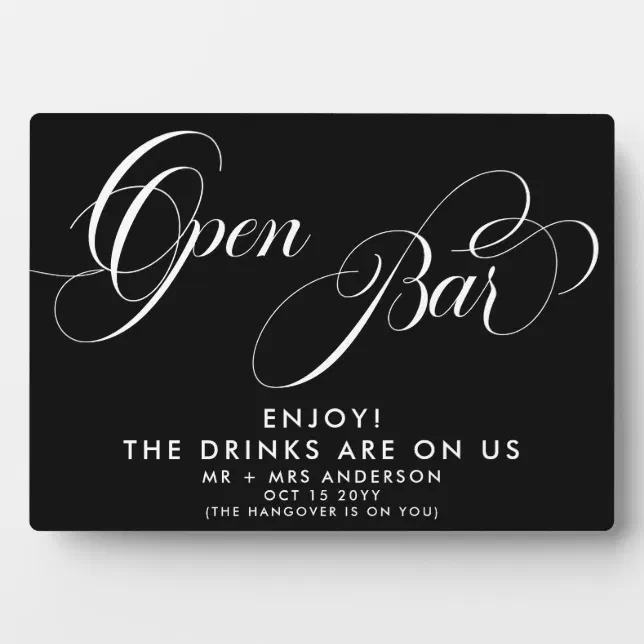 Elegant Script Wedding Open Bar Drink Menu Black Plaque | Zazzle