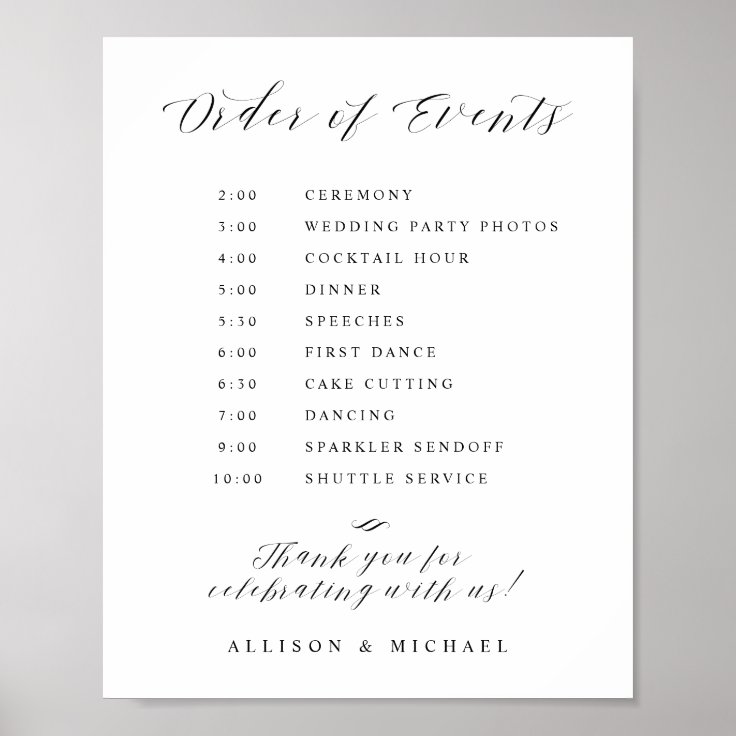 Elegant Script Wedding Order of Events Sign | Zazzle
