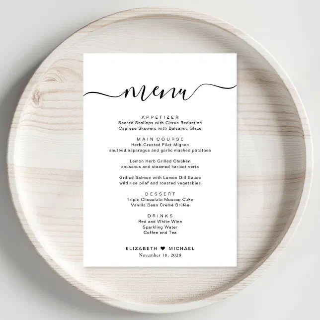 Elegant Script Wedding Reception Menu | Zazzle