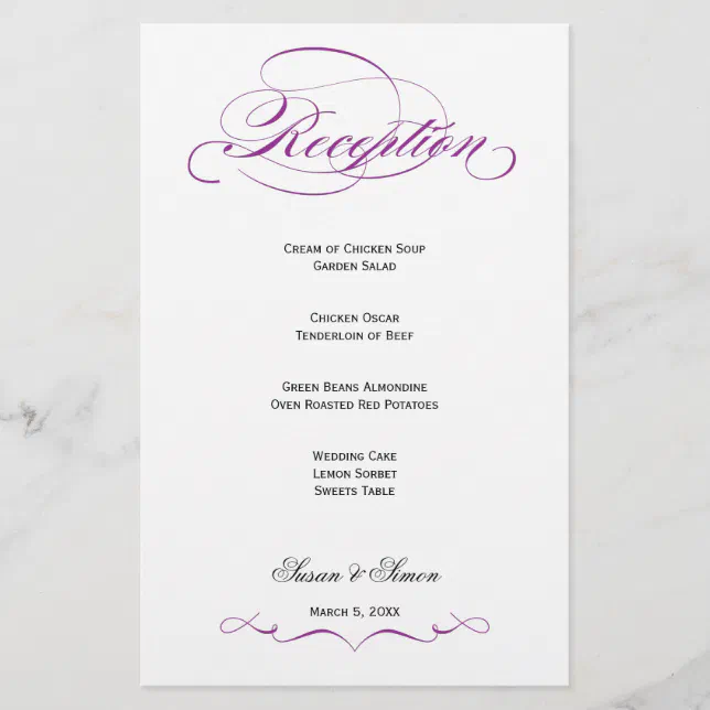 Elegant Script Wedding Reception Menu - Purple | Zazzle