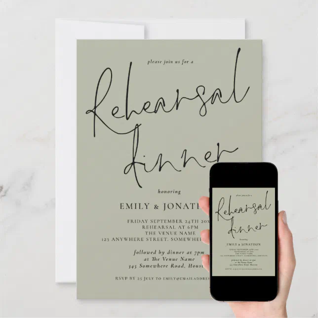 Elegant Script Wedding Rehearsal Dinner Light Sage Invitation | Zazzle