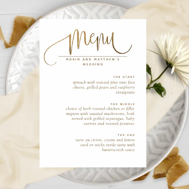 Elegant Script, White and Gold Wedding Menu | Zazzle