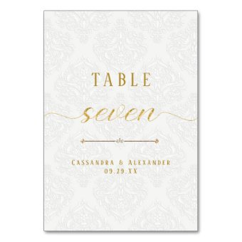 Elegant Script White Lace Gold 7 Seven Wedding Table Number | Zazzle