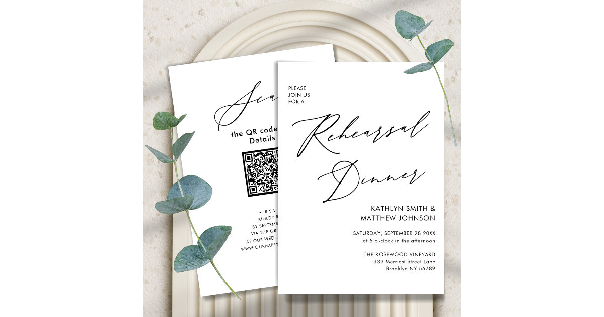 Elegant Script White Rehearsal Dinner QR code Invitation | Zazzle