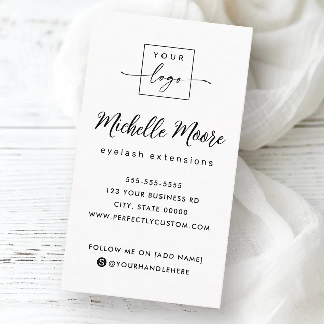 Elegant script white vertical custom logo business card | Zazzle