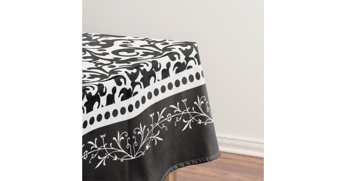 Elegant Scroll Damask Black and White Tablecloth | Zazzle