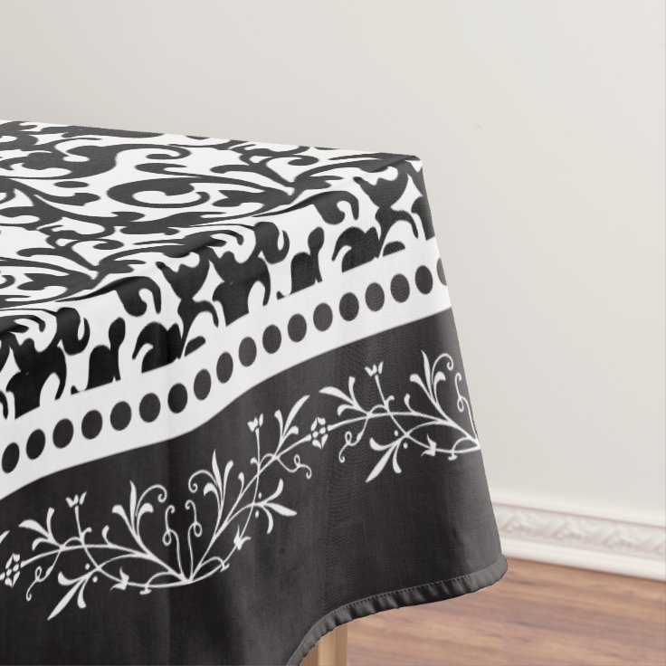 Elegant Scroll Damask Black and White Tablecloth | Zazzle
