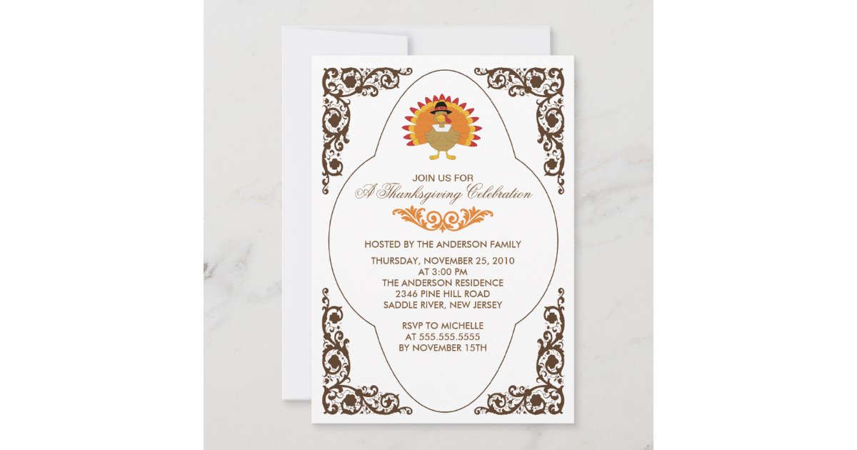 Elegant Scroll Turkey Thanksgiving Invitations | Zazzle