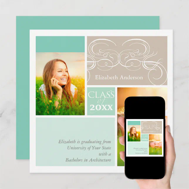 Elegant Scrolls Mint Two Photo Graduation Party Invitation | Zazzle