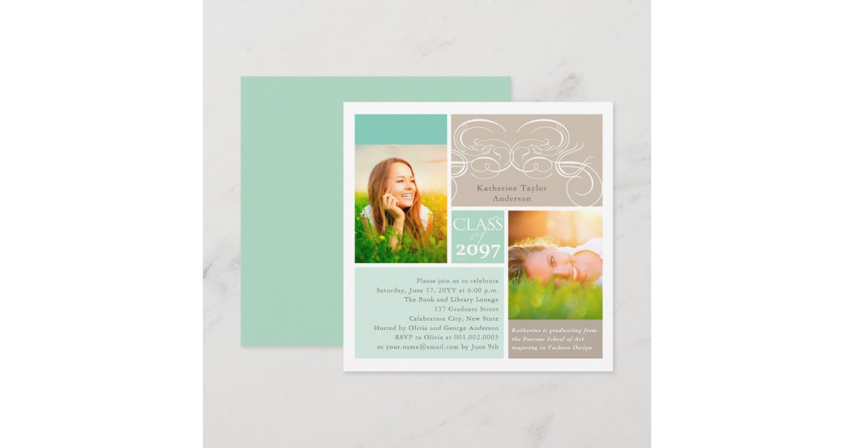Elegant Scrolls Mint Two Photo Graduation Party Invitation | Zazzle