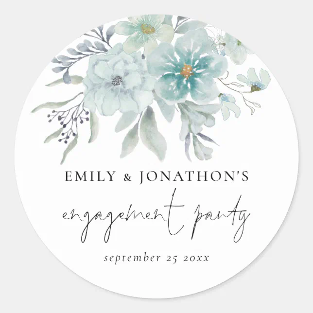 Elegant Sea Mist Teal Blue Floral Engagement Party Classic Round ...