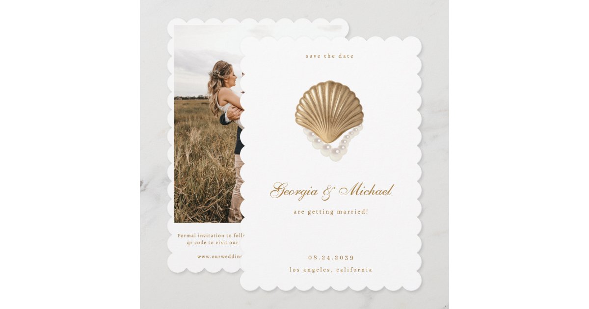 Elegant Seashell & Pearls Gold Coastal Wedding Save The Date | Zazzle