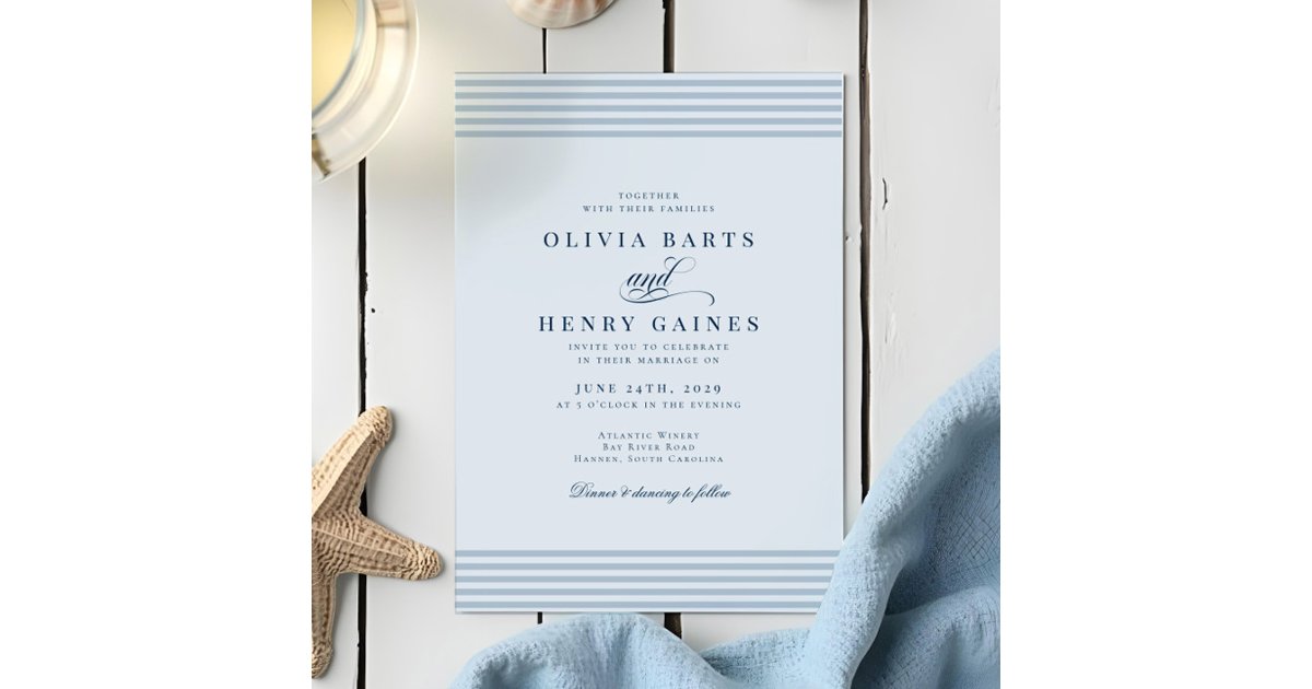Elegant Seaside Coastal Blue Stripe Wedding Invitation | Zazzle
