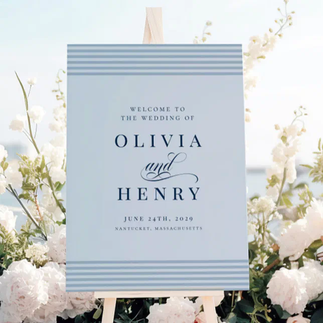 Elegant Seaside Coastal Blue Stripe Wedding Sign | Zazzle