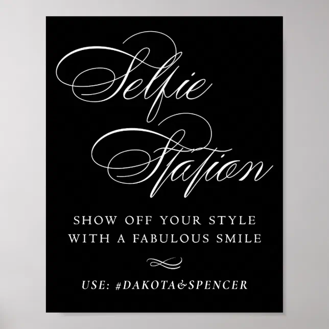 Elegant Selfie Station White Script Smile Hashtag Poster | Zazzle