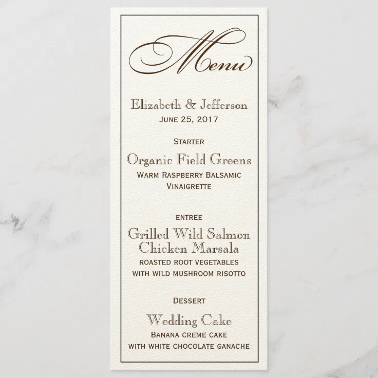 Elegant Sepia Script Wedding Menu Card | Zazzle
