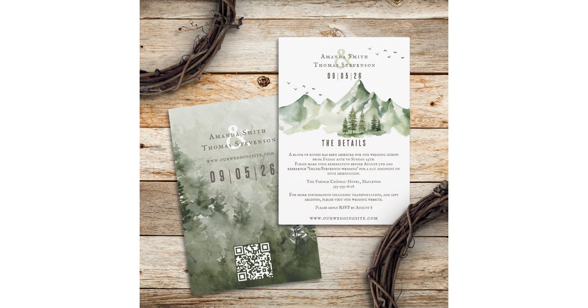 Elegant serene green mountain landscape QR code Enclosure Card | Zazzle