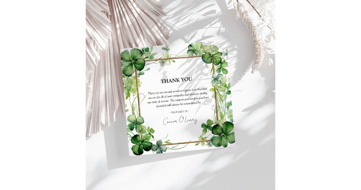Elegant Shamrock Clover Sympathy Thank You Card | Zazzle