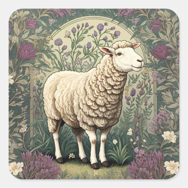 Elegant Sheep Lavender floral Background Square Sticker | Zazzle