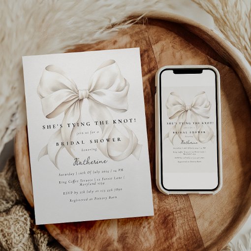 Elegant She's Tying the Knot Bow Bridal Shower Invitation | Zazzle