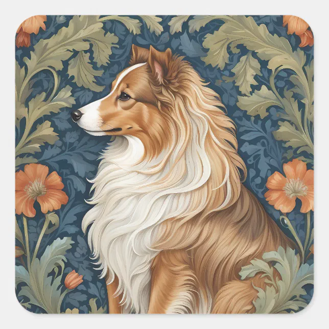 Elegant Shetland Sheepdog William Morris Inspired Square Sticker | Zazzle
