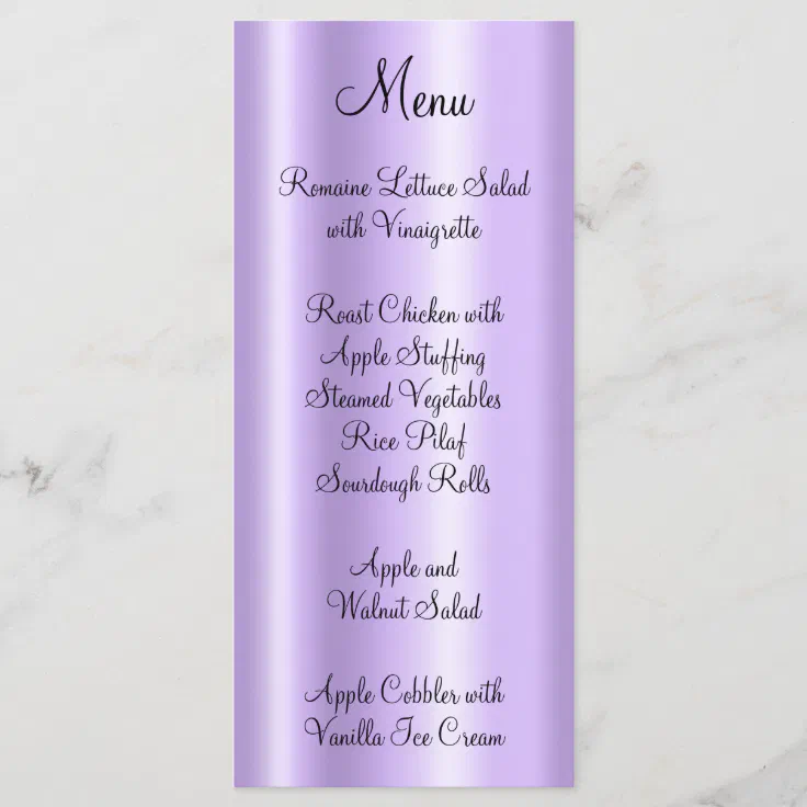 Elegant Shiny Faux Pale Purple Foil Menu | Zazzle
