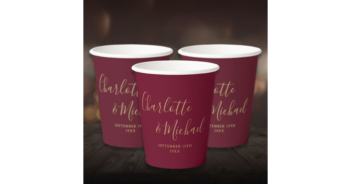 Elegant Signature Burgundy and Gold Script Wedding Paper Cups | Zazzle