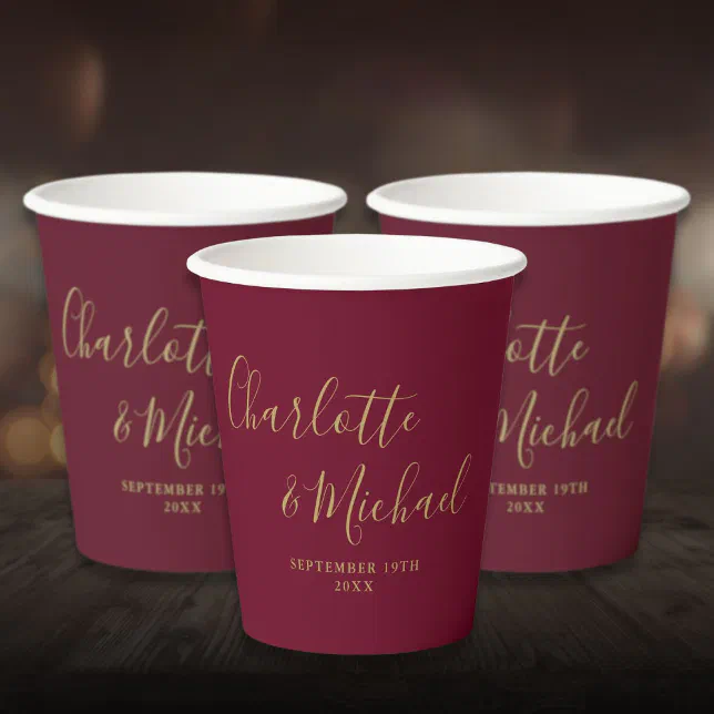 Elegant Signature Burgundy and Gold Script Wedding Paper Cups | Zazzle