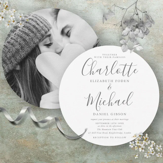 Elegant Signature Circular Photo Wedding Invitation | Zazzle