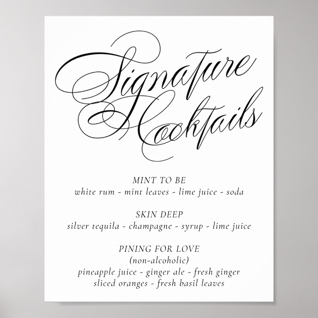 Elegant Signature Cocktail Drink Black Calligraphy Poster | Zazzle