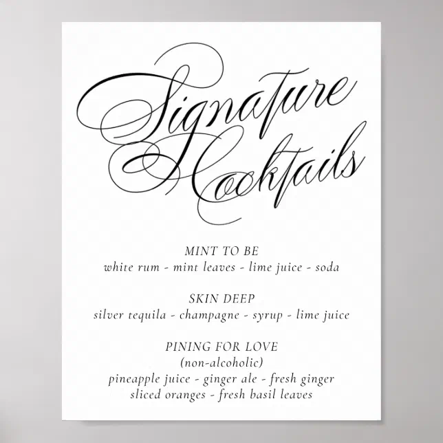 Elegant Signature Cocktail Drink Black Calligraphy Poster | Zazzle
