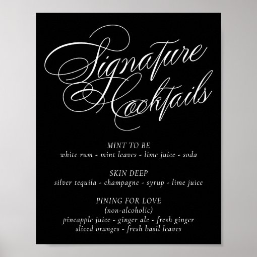 Elegant Signature Cocktail Drink White Calligraphy Poster | Zazzle