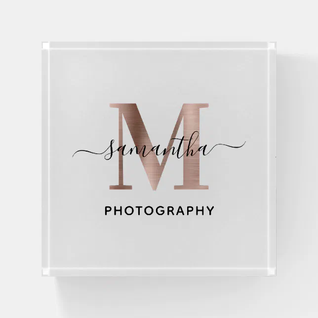 Elegant Signature Rose Gold M Monogram Logo Paperweight | Zazzle
