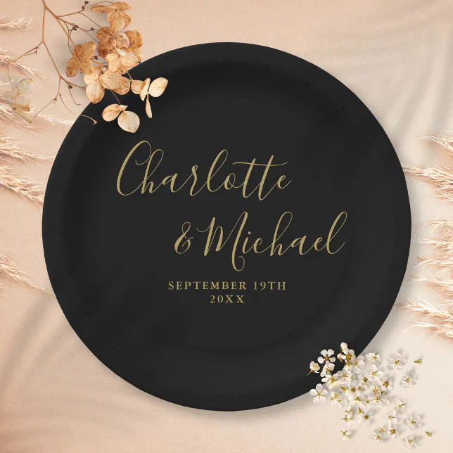 Elegant Signature Script Black And Gold Wedding Paper Plates | Zazzle