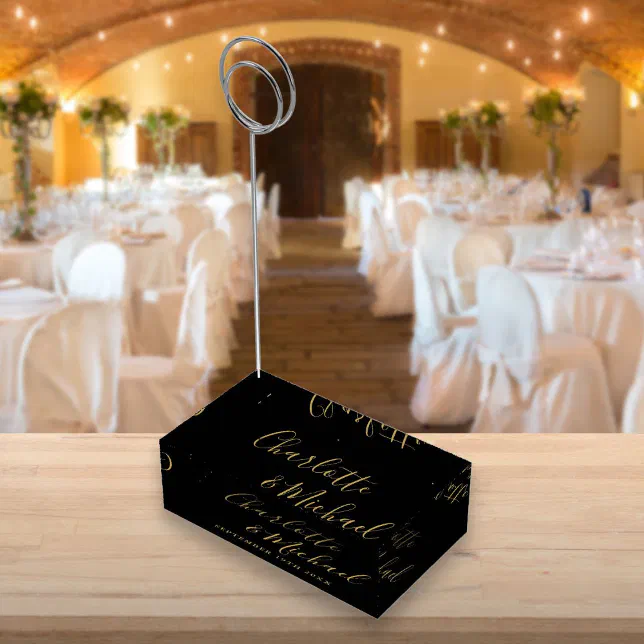 Elegant Signature Script Black And Gold Wedding Place Card Holder | Zazzle