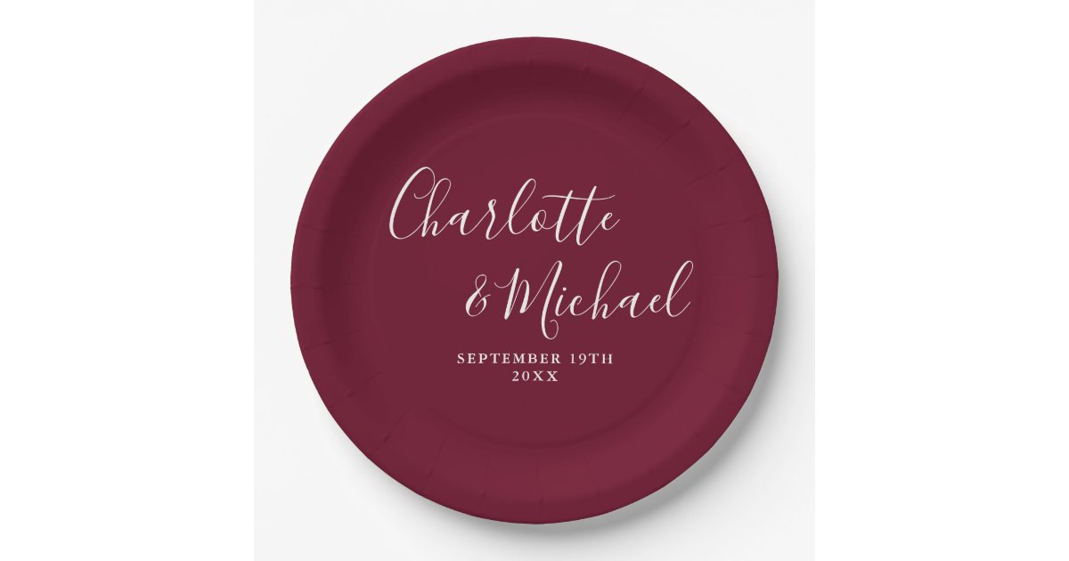 Elegant Signature Script Burgundy Wedding Paper Plates | Zazzle