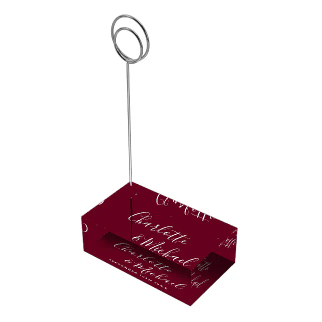 Elegant Signature Script Burgundy Wedding Place Card Holder | Zazzle