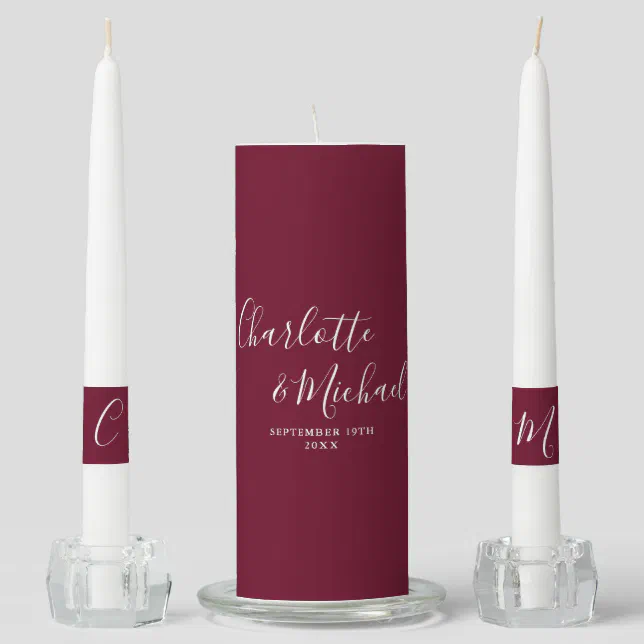 Elegant Signature Script Burgundy Wedding Unity Candle Set | Zazzle