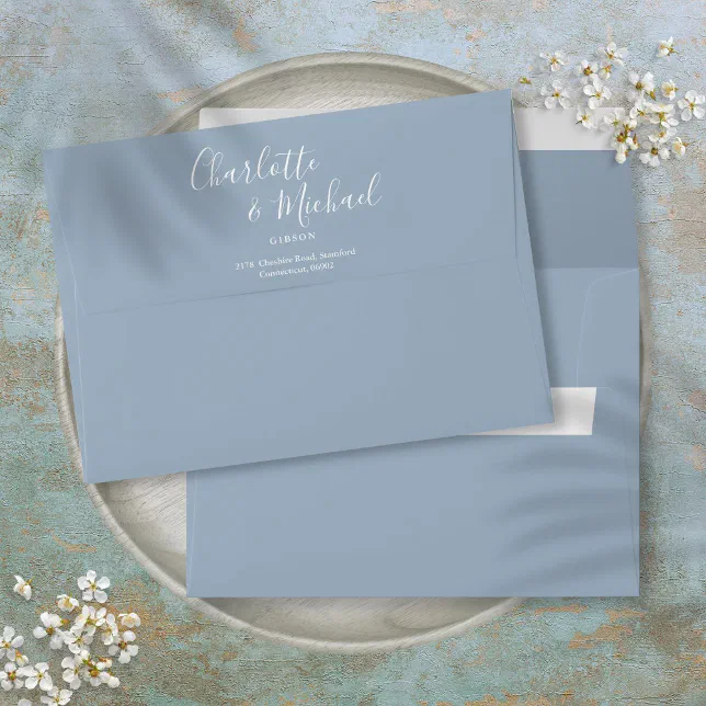 Elegant Signature Script Dusty Blue Return Address Envelope | Zazzle