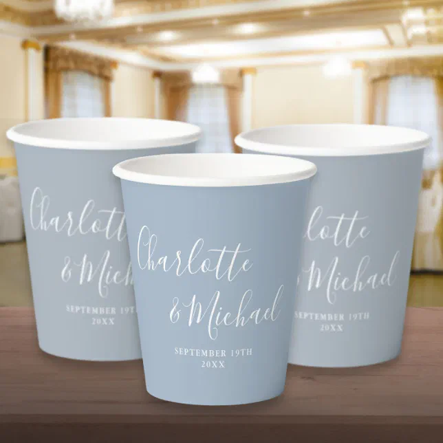 Elegant Signature Script Dusty Blue Wedding Paper Cups | Zazzle