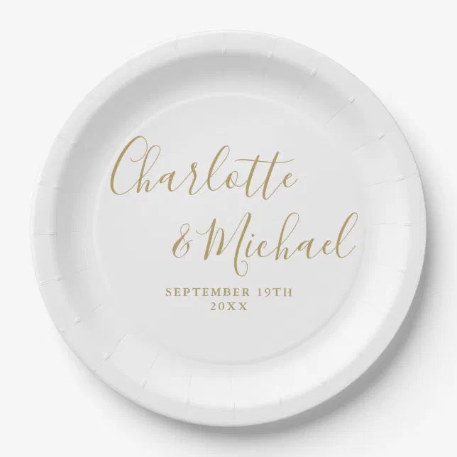 Elegant Signature Script Gold Wedding Paper Plates | Zazzle