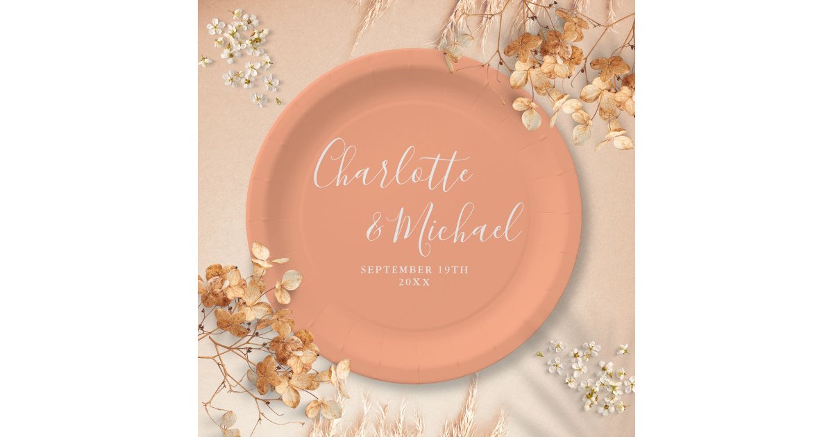 Elegant Signature Script Peach Wedding Paper Plates | Zazzle