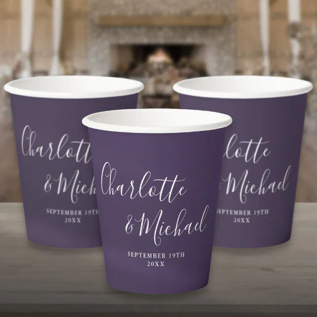Elegant Signature Script Purple Wedding Paper Cups | Zazzle